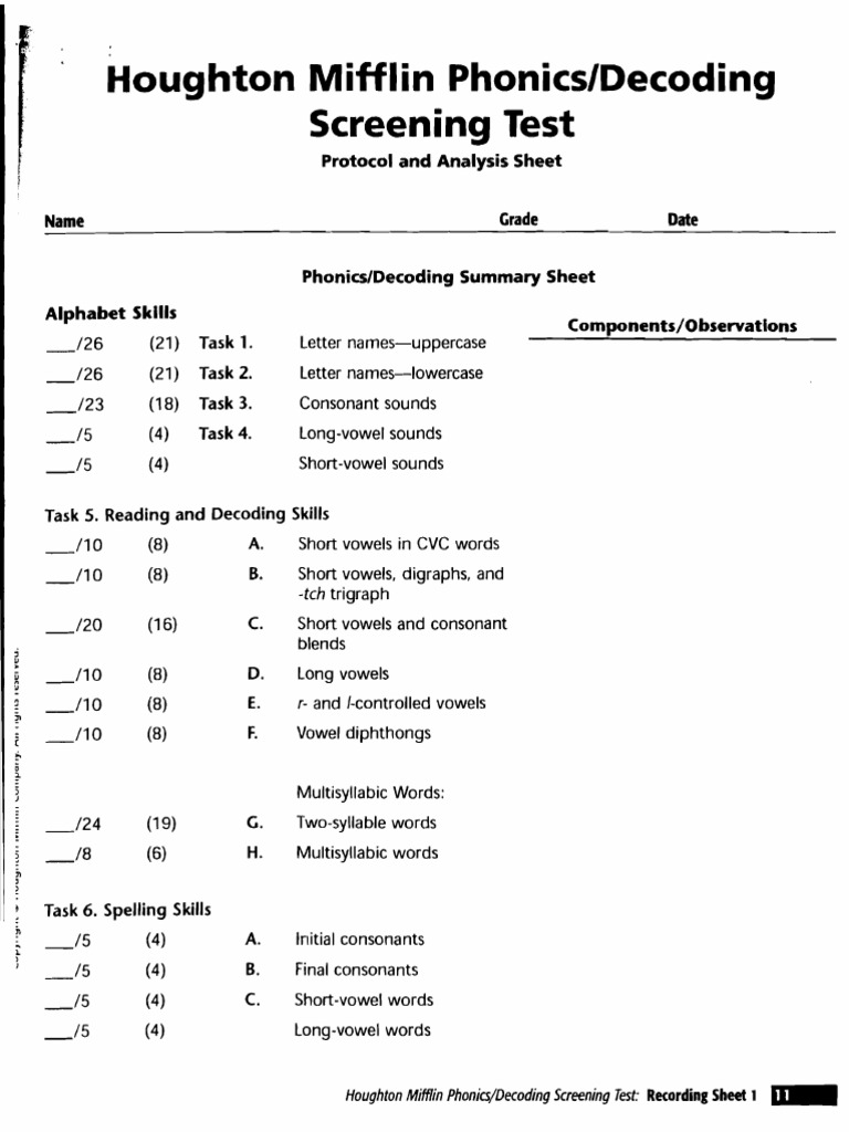 Houghton Mifflin Phonics Screening Test | PDF | Consonant | Phonics