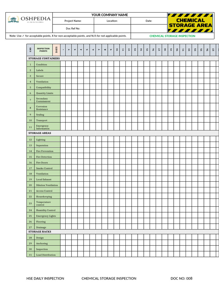 Chemical Storage Inspection Checklist | PDF | Safety | Occupational ...