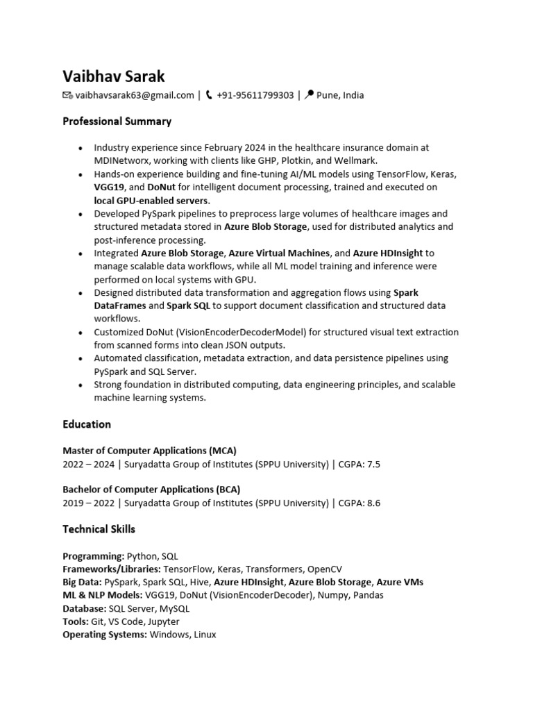 Vaibhav Sarak Resume | PDF | Apache Spark | Microsoft Azure