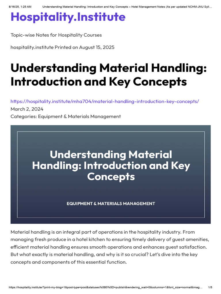 Material Handling in Hospitality Notes | PDF | Warehouse