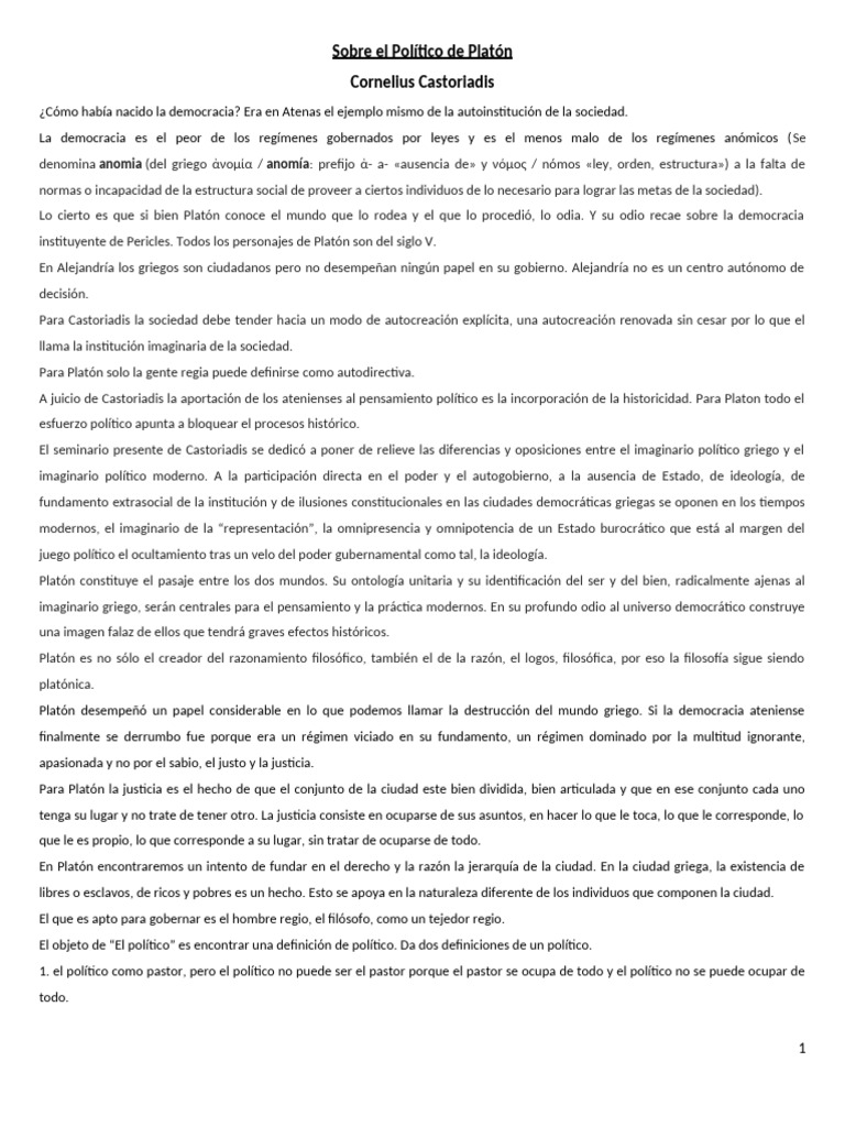Platón y la Definición del Político | PDF | Platón | Democracia