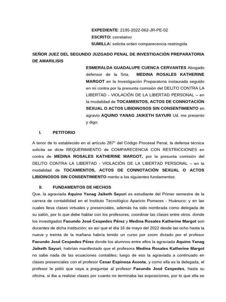 Solicito Comparecencia Sayuri | PDF | Ley procesal | Prisión