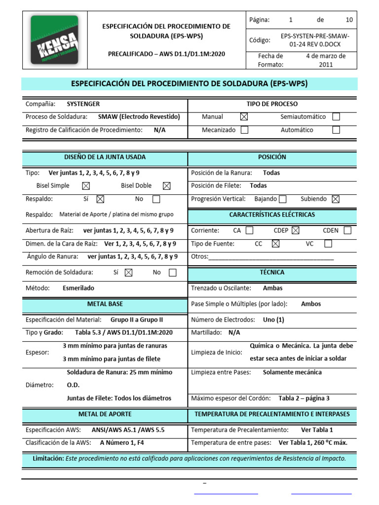 Eps-Systen-Pre-Smaw-01-24 Rev 0 - 240530 - 095256 | PDF | Soldadura ...