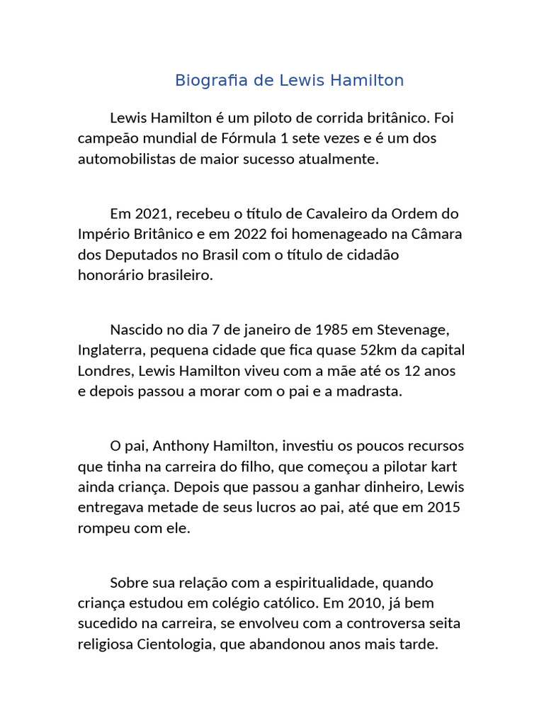 Biografia de Lewis Hamilton | PDF