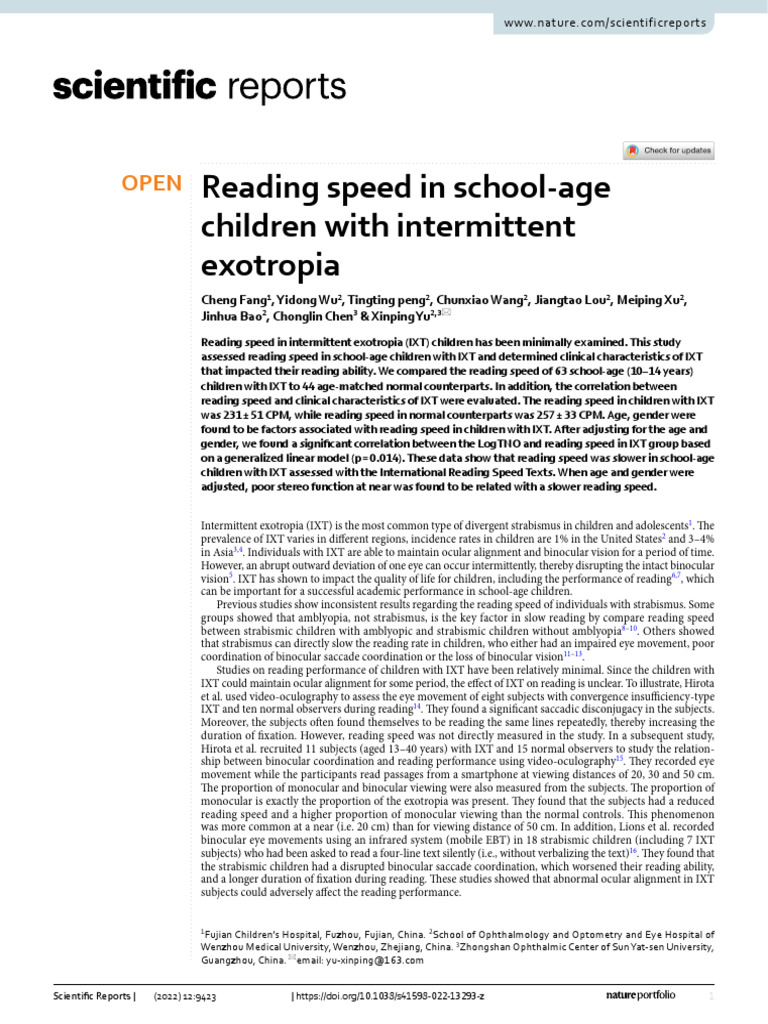 Reading Speed in School Age Children With Intermittent Exotropia | PDF ...