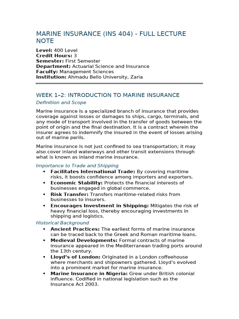 Marine Insurance Lecture Notes | PDF | Insurance | Risk
