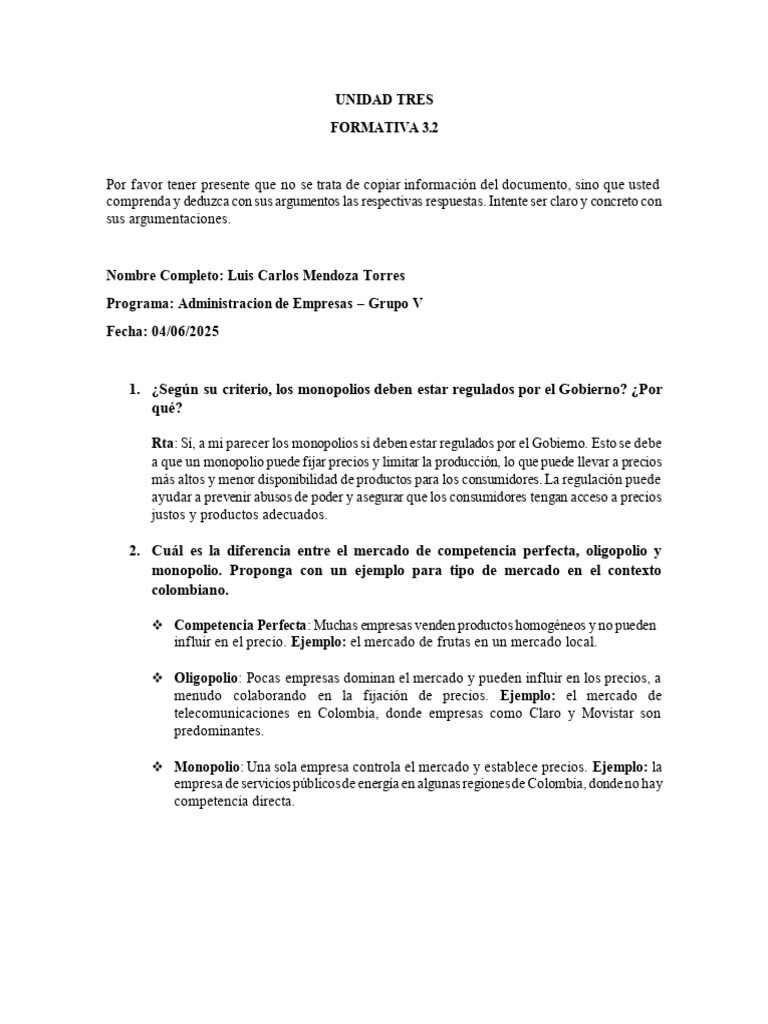 Unidad Tres - Formativa 3.2 | PDF | Monopolio | Mercado (economía)