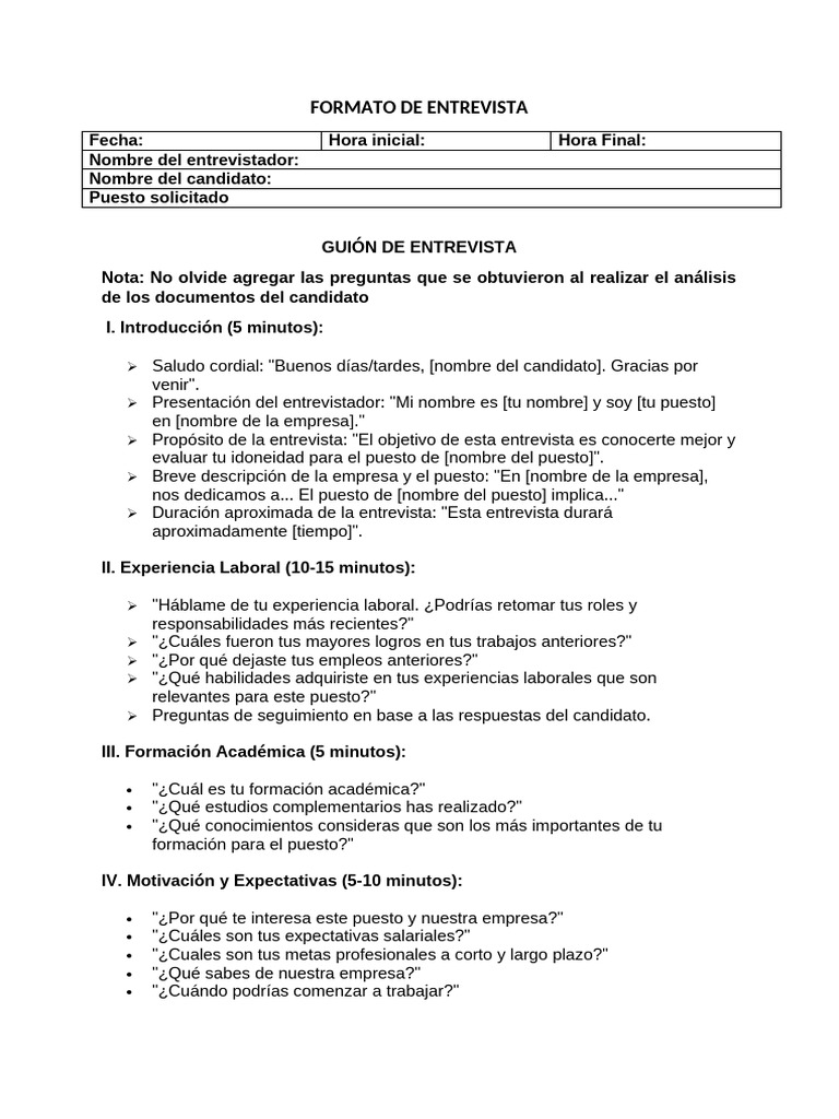 Formato de Entrevista de Trabajo | PDF