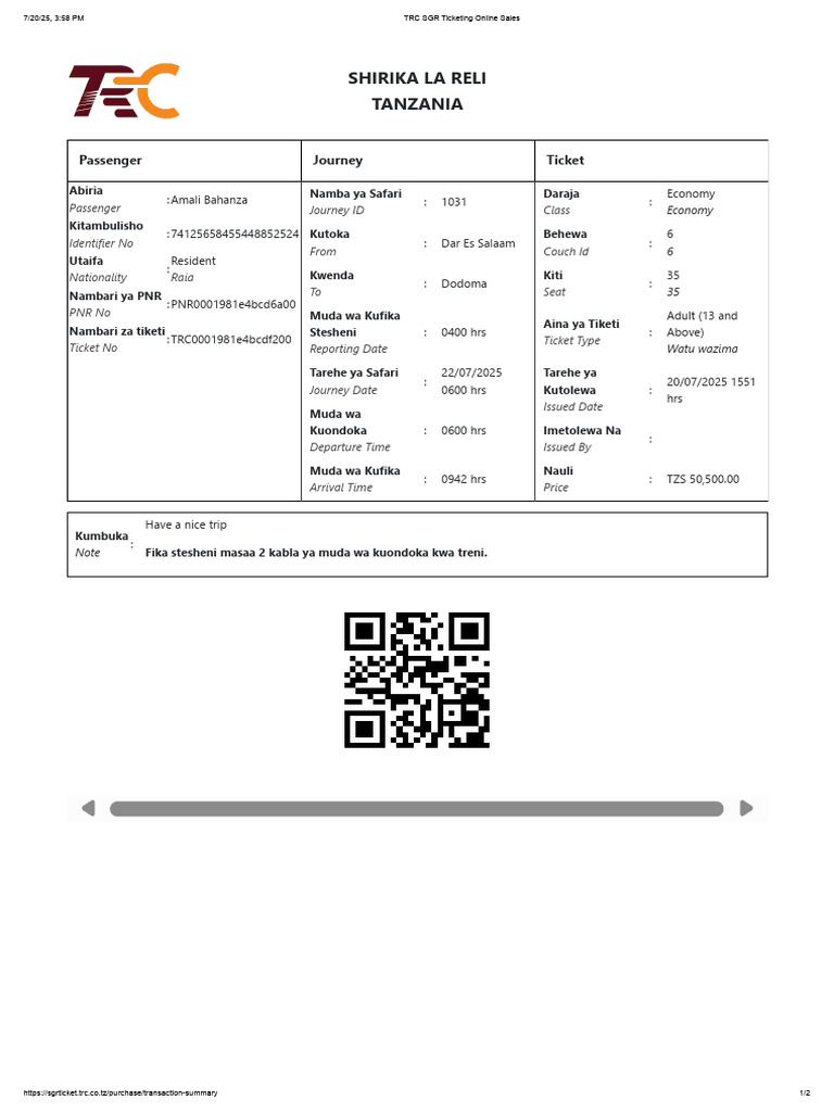 SGR Ticket Booking Details and Prices | PDF