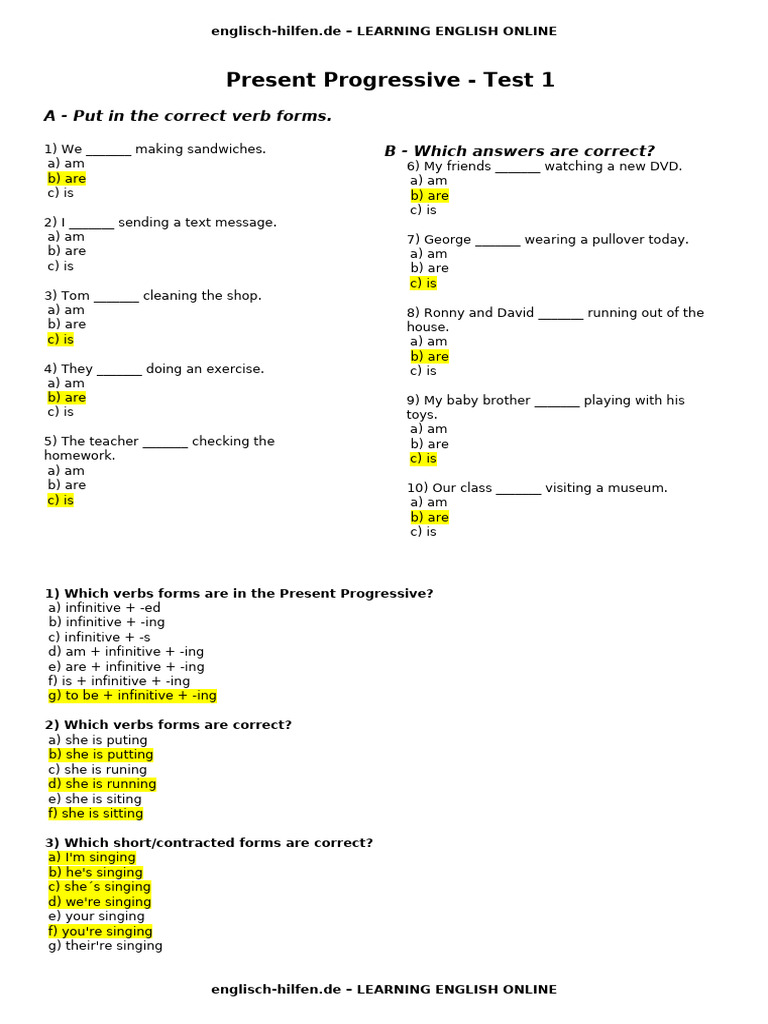 Present Progressive Test for English Learners | PDF | English Language ...
