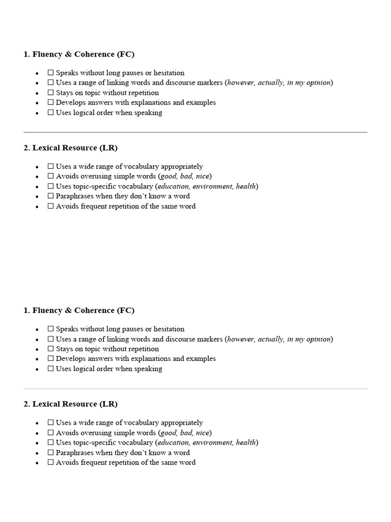 Marking Criteria Speaking Cheklist | PDF