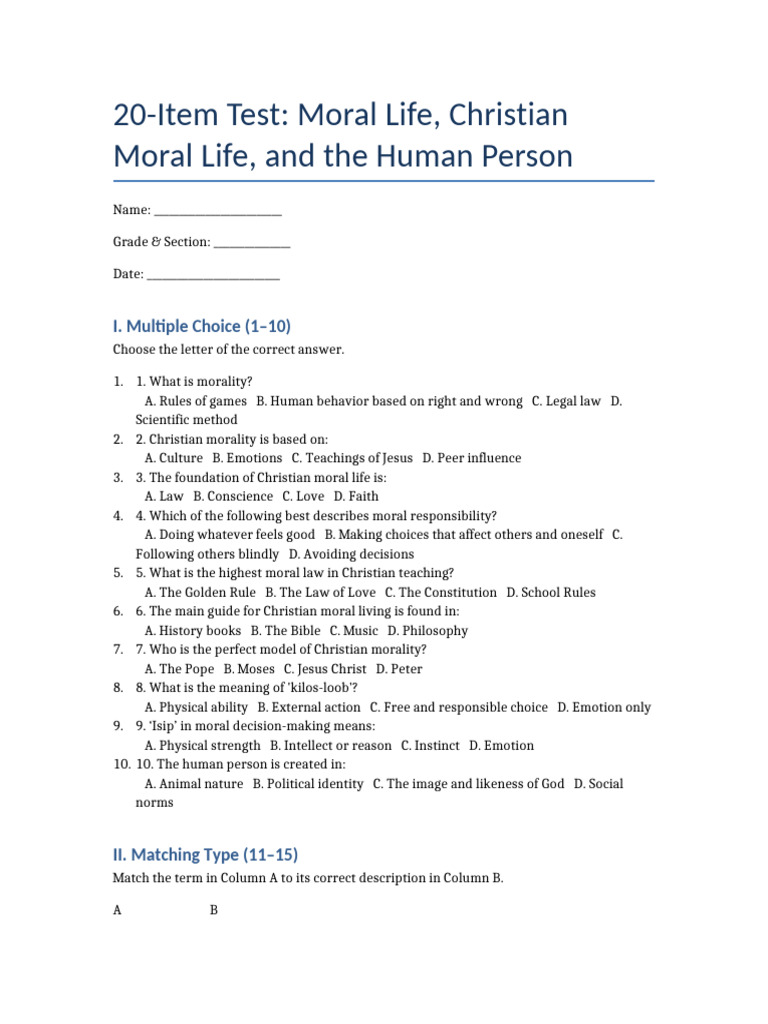Moral Life Christian Person Test | PDF | Christian Ethics | Conscience