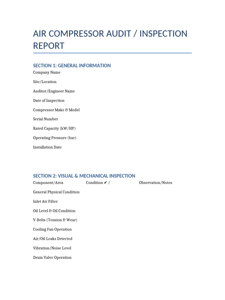 Air Compressor Inspection Report | PDF | Gas Technologies | Equipment