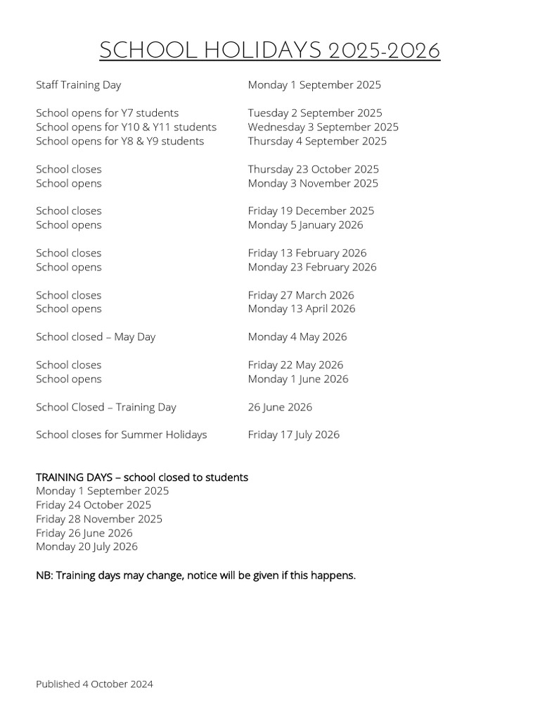 SCHOOL HOLIDAYS 2025-2026: Published 4 October 2024 | PDF