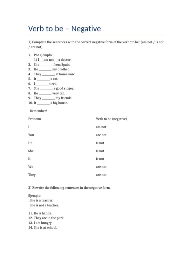 Negative Form of Verb "To Be" Worksheet | PDF