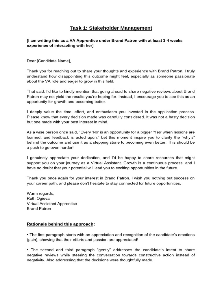 Task 1 Assignment - Stakeholder Management | PDF | Behavior Modification | Cognitive Science