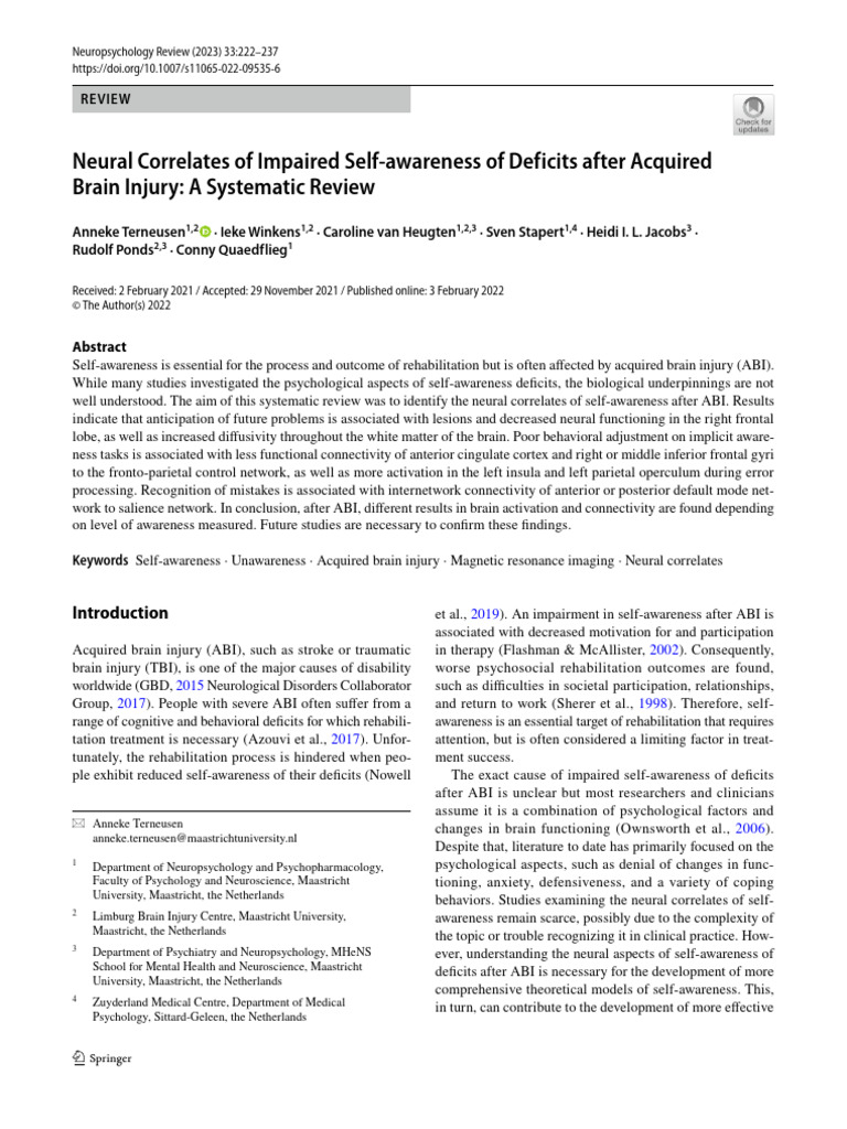 Neural Correlates of Impaired Self Awareness of Deficits After Acquired ...
