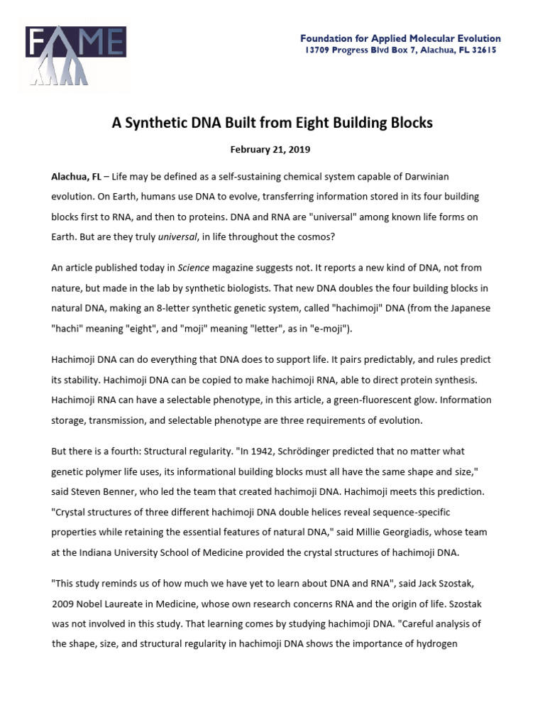 Hachimoji DNA: A New 8-Letter Genetic System | PDF | Dna | Molecular ...