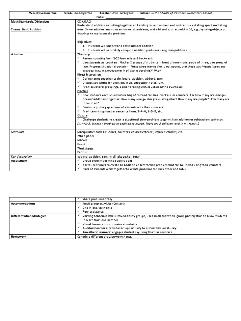 Math Weekly Lesson Plan | PDF | Lesson Plan | Educational Psychology
