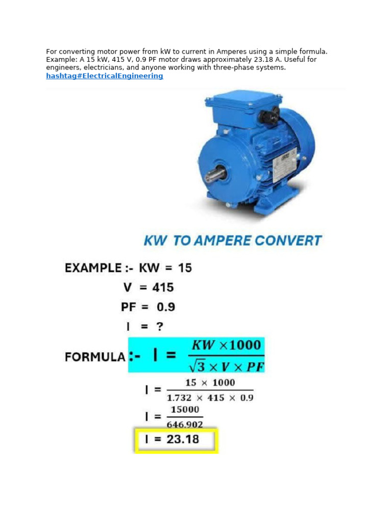 For Converting Motor Power From KW To Current in Amperes Using A Simple ...