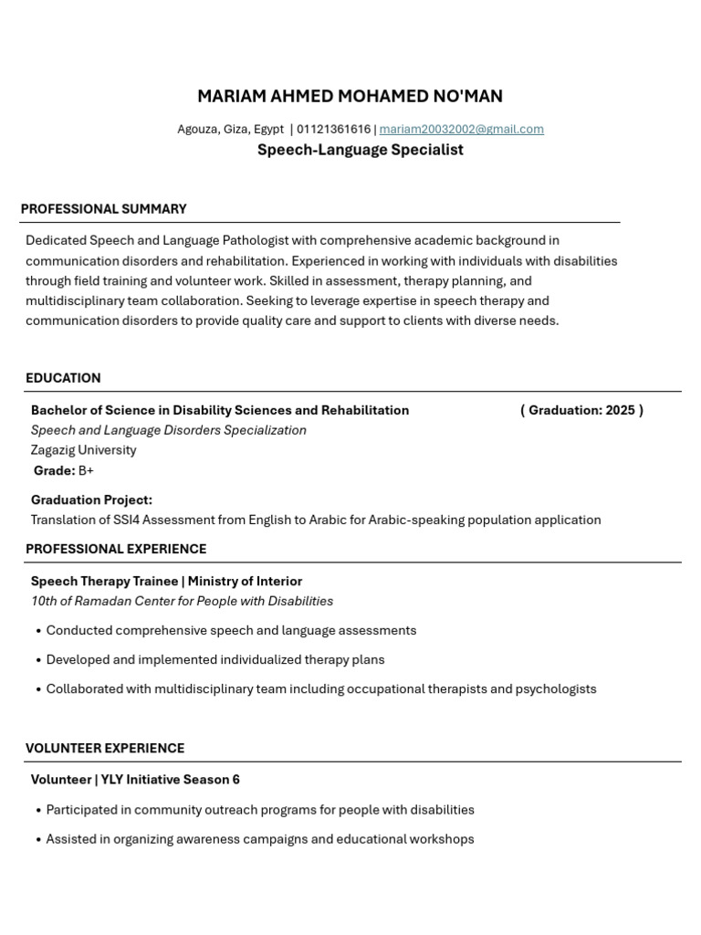 MARIAM AHMED . Speech-Language Specialist . CV | PDF | Physical Therapy | Behavioural Sciences