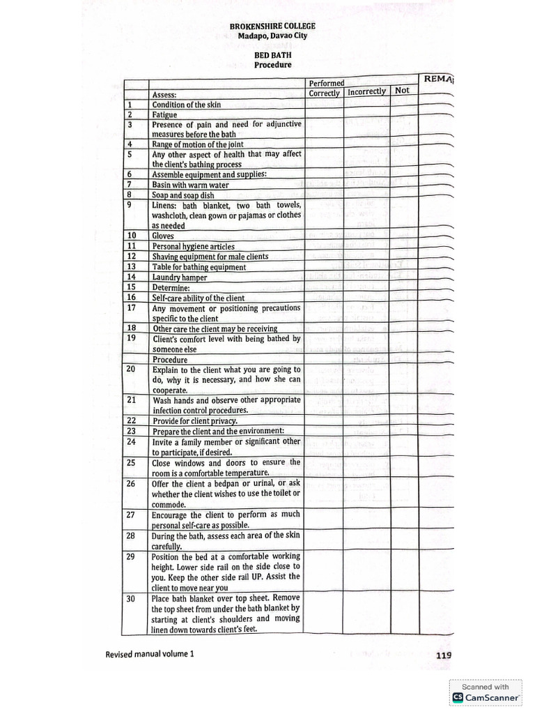 Bed Bath and Bedmaking Checklist | PDF
