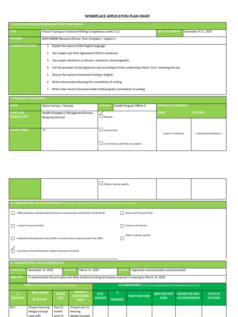 Sample Workplace Application Plan (WAP) - Level 3 Evaluation | PDF