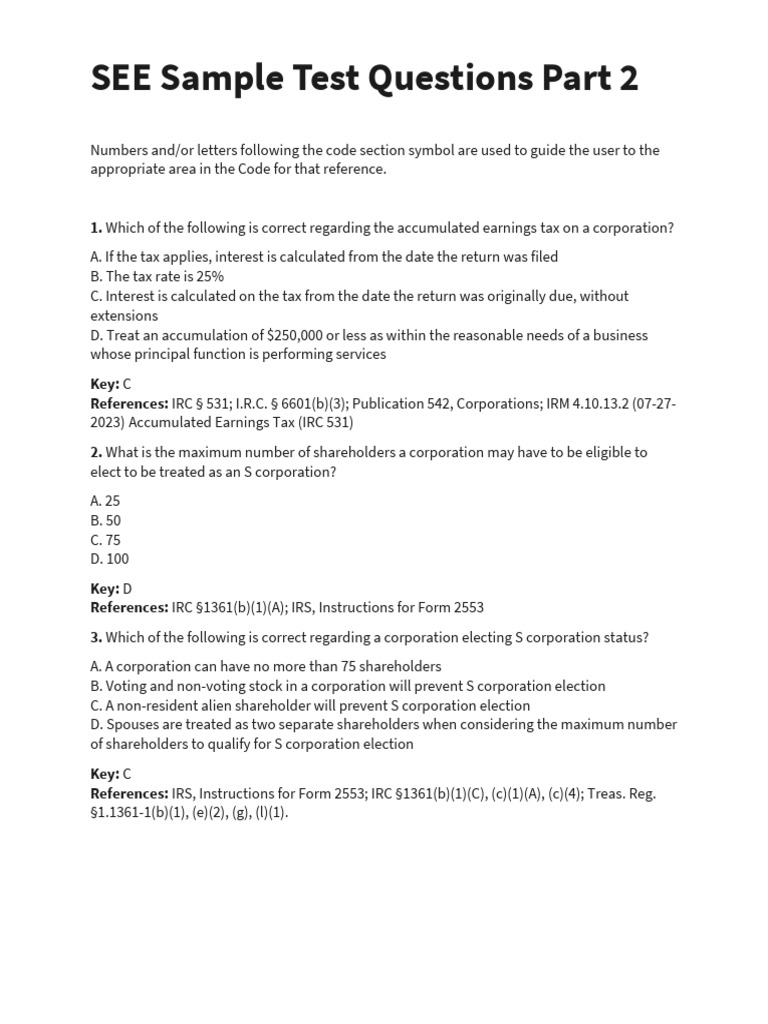 S Corporation Taxation Sample Questions | PDF | S Corporation | Irs Tax ...