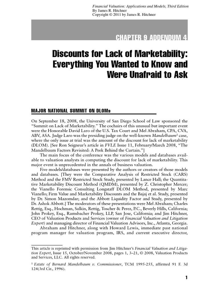 Financial Valuation - 2012 - Hitchner - Discounts For Lack of Marketability Everything You ...