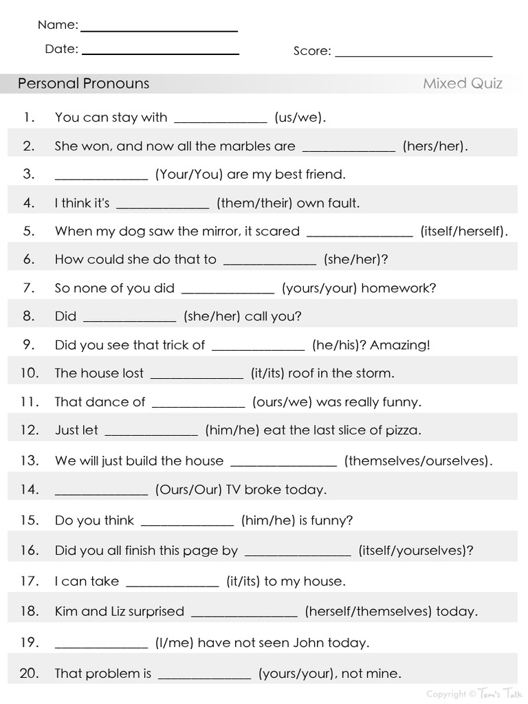 Mixed Pronouns Fill-In-The-Blanks Quiz Level 1 | PDF