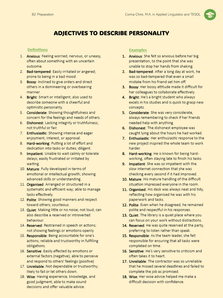 B2 Personality Adjectives Guide | PDF | Cognition | Social Psychology