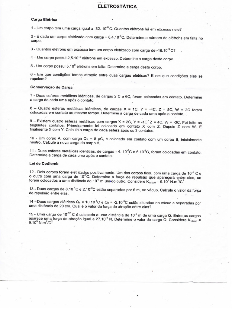 Exercícios - Eletrostática | PDF
