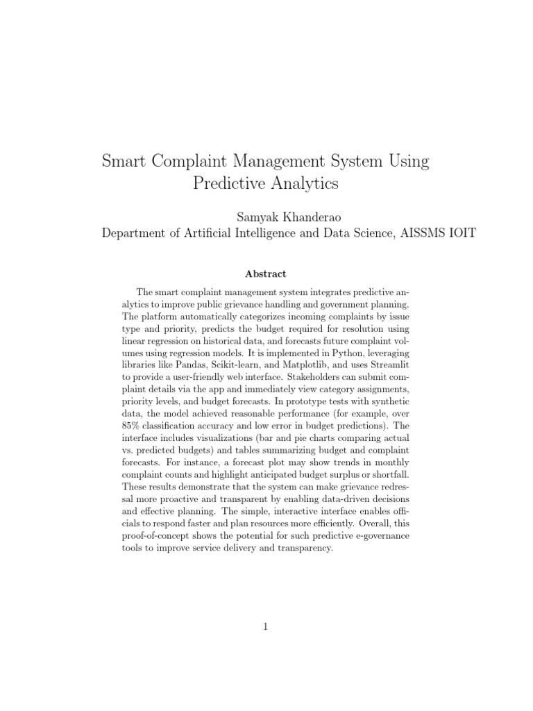 Smart Complaint Management | PDF | Machine Learning | Forecasting