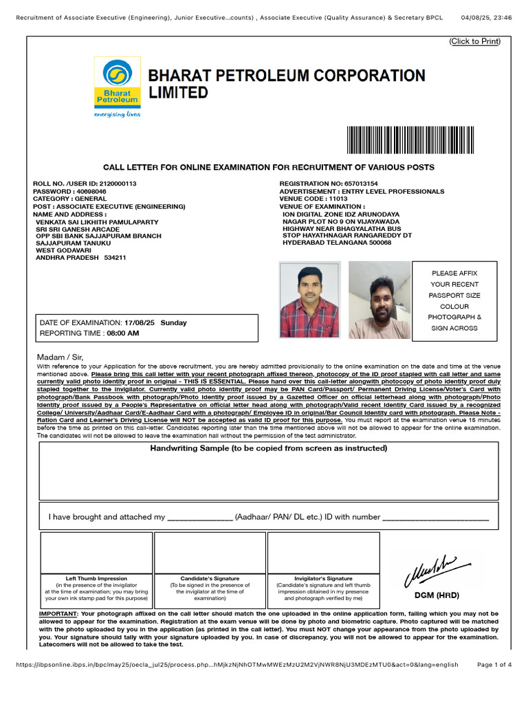 BPCL Online Exam Call Letter | PDF | Identity Document