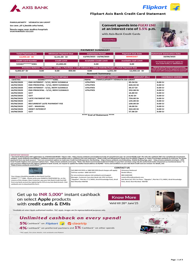Flipkart Axis Bank Credit Card Statement: Payment Summary | PDF ...