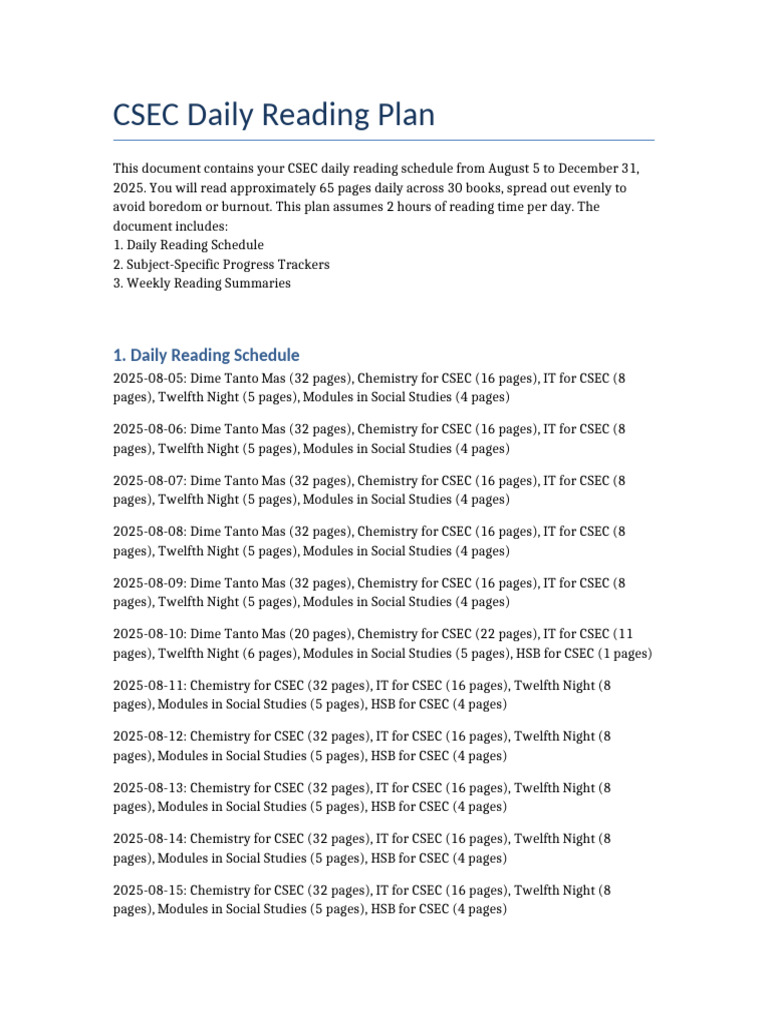 CSEC Reading Schedule 2025 | PDF | Natural Sciences