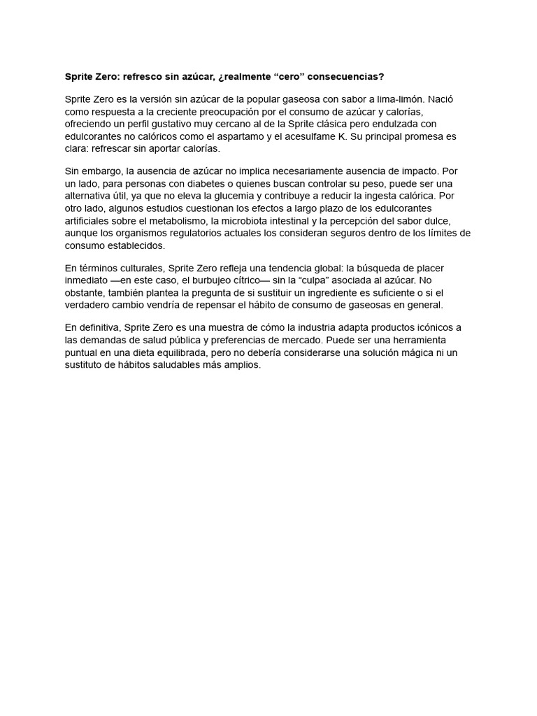 Zero - Refresco Sin Azúcar, ¿Realmente "Cero" Consecuencias | PDF