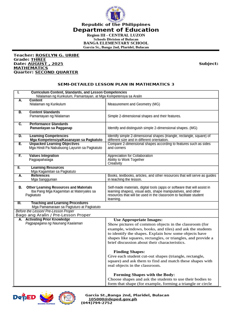 PRIMARY Lesson Plan English Version | PDF | Shape | Rectangle