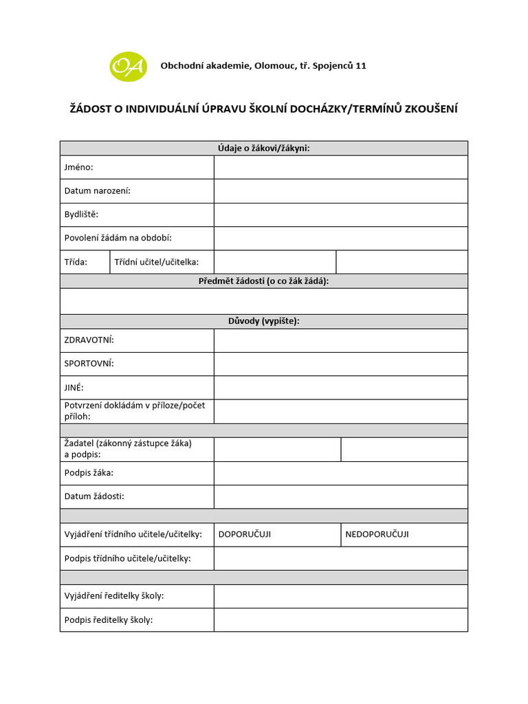 Zadost o Indiv Uprav Dochazky | PDF