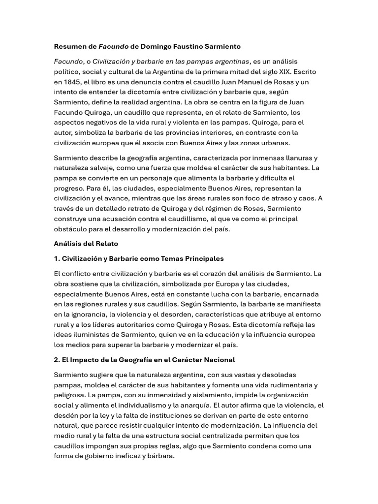 Resumen de Facundo de Domingo Faustino Sarmiento | PDF