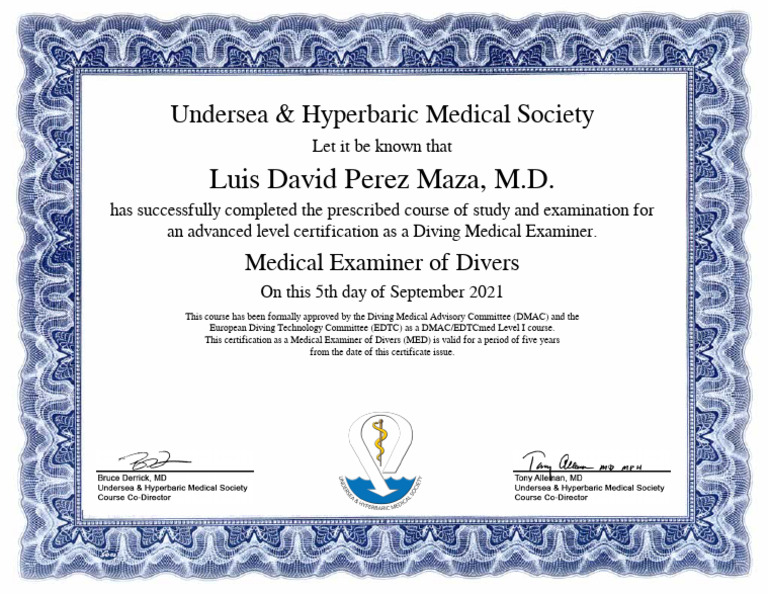 UHMS 2021 Medical Examiner of Divers - DMAC Physician Certificate | PDF