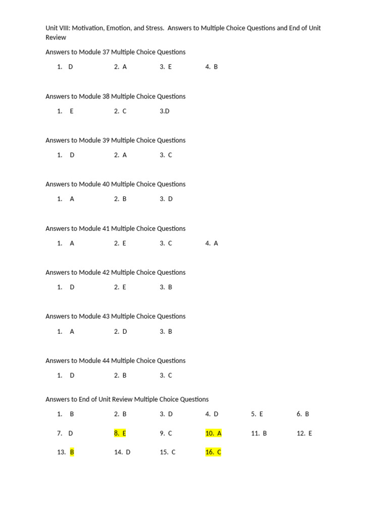 Unit VIII - Answers To Multiple Choice Qs | PDF