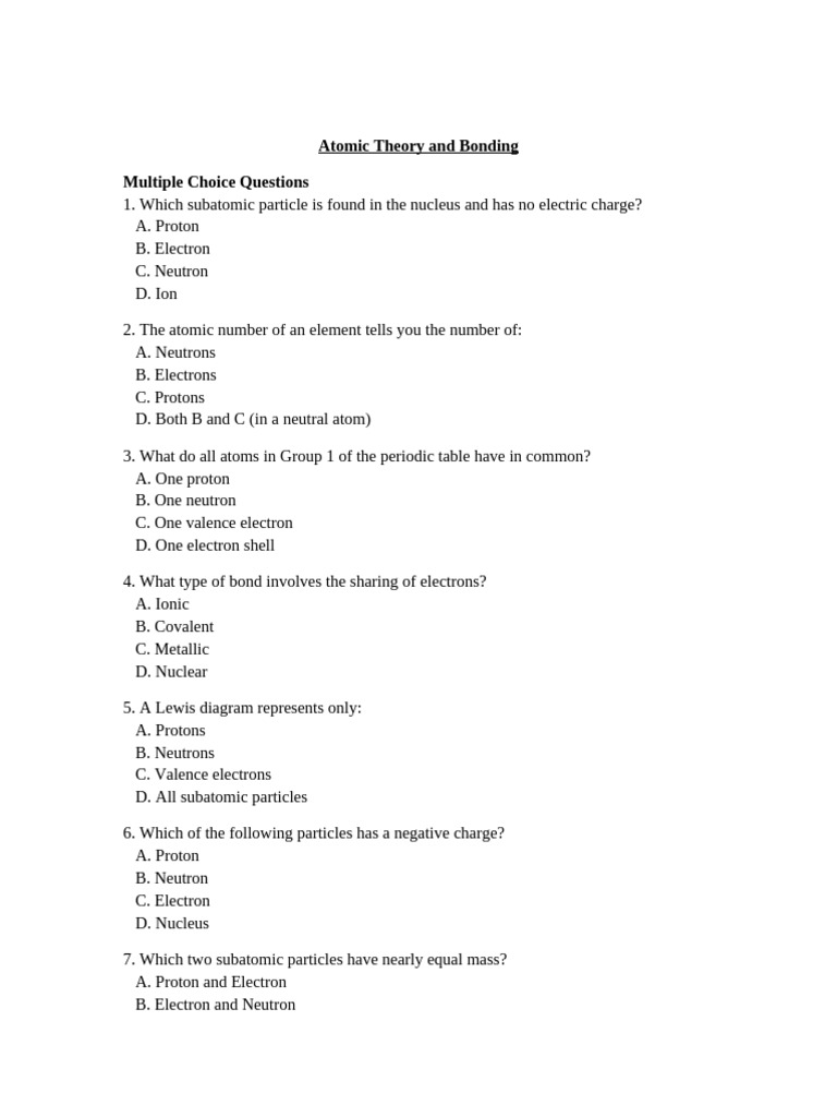 Atomic Theory Quiz Questions | PDF | Ion | Valence (Chemistry)