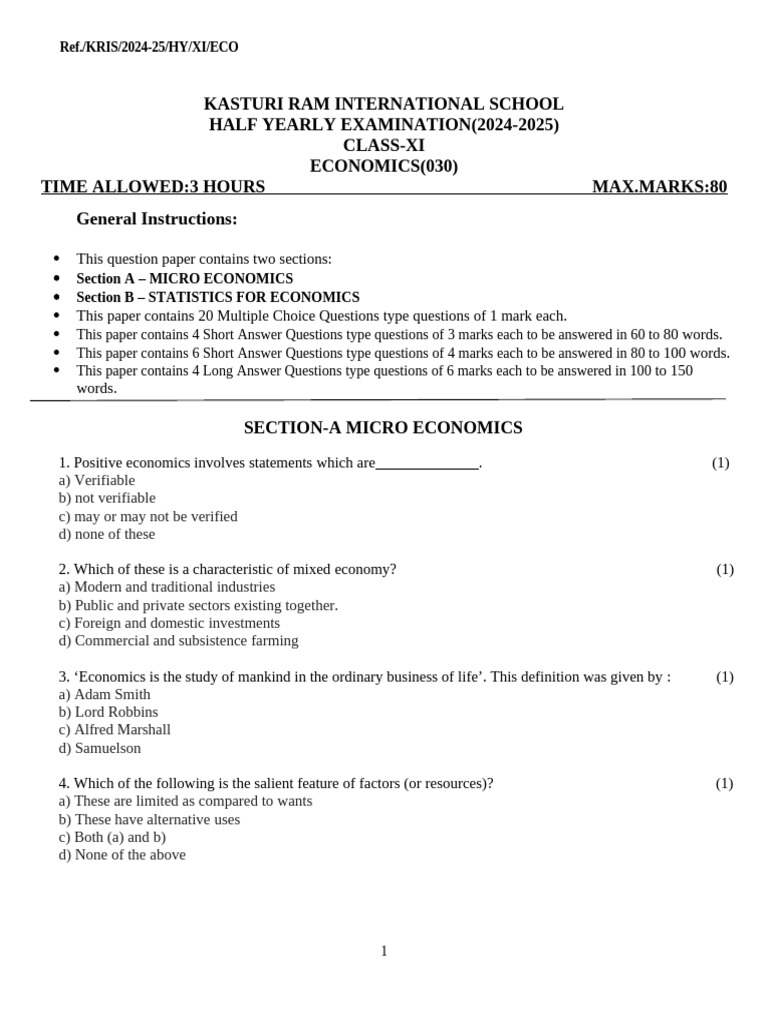 Class XI Economics Half-Yearly Exam | PDF | Economics | Economies