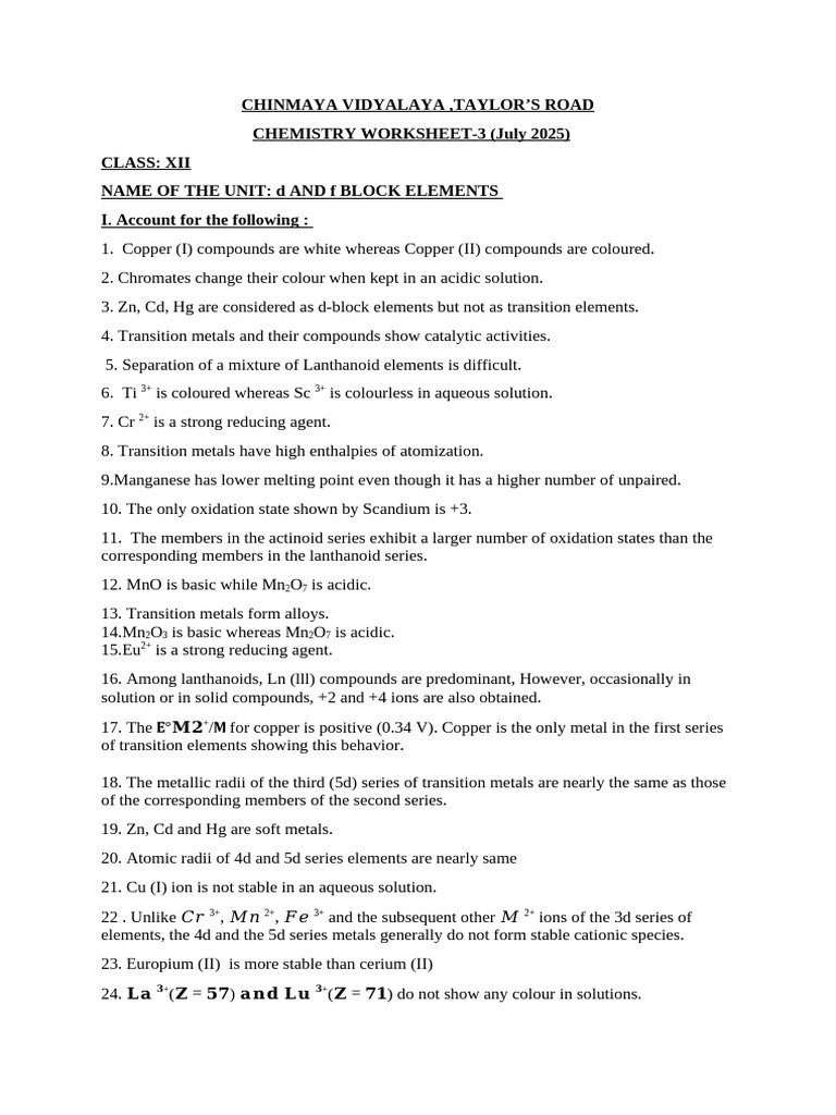 Chemistry Worksheet on d and f Block Elements | PDF | Transition Metals ...