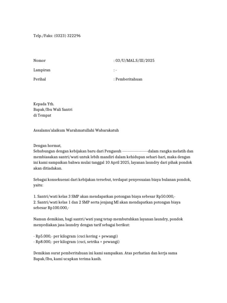 Surat Pemberitahuan Laundry | PDF