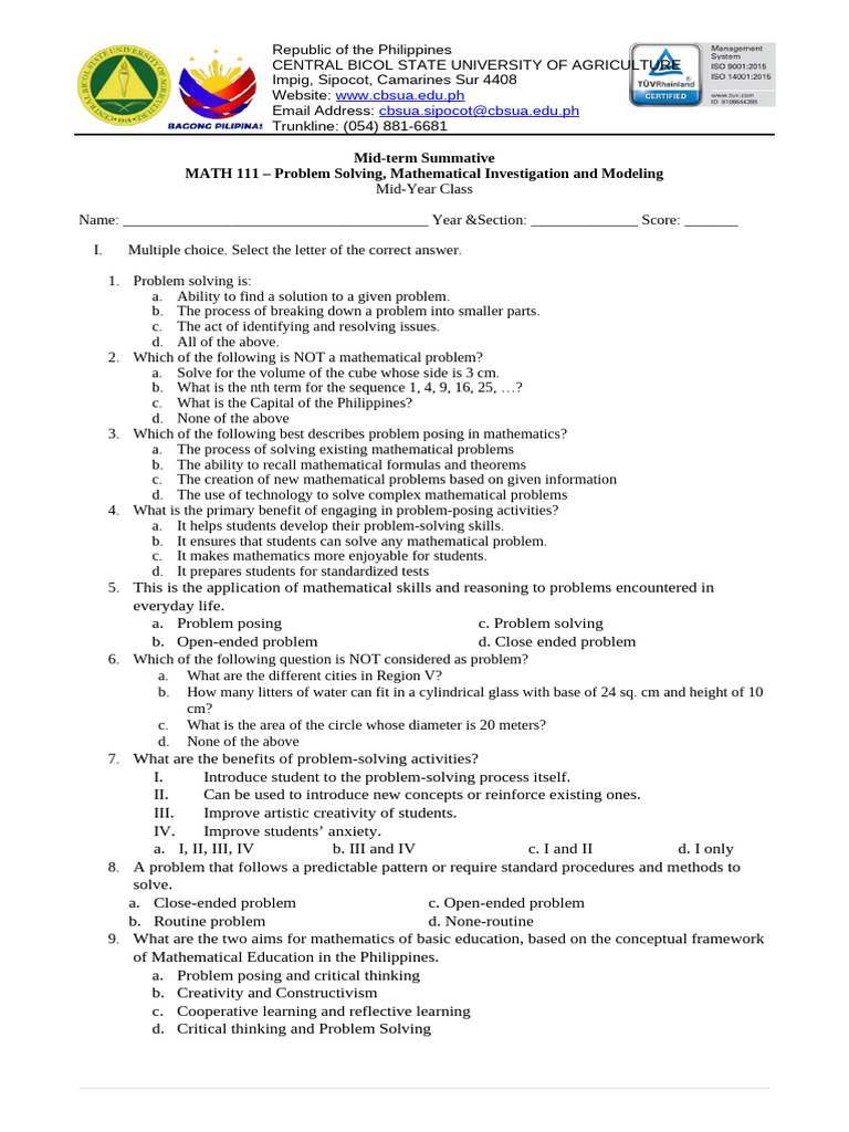 Math 111 Mid-term Exam: Problem Solving | PDF | Mathematics ...
