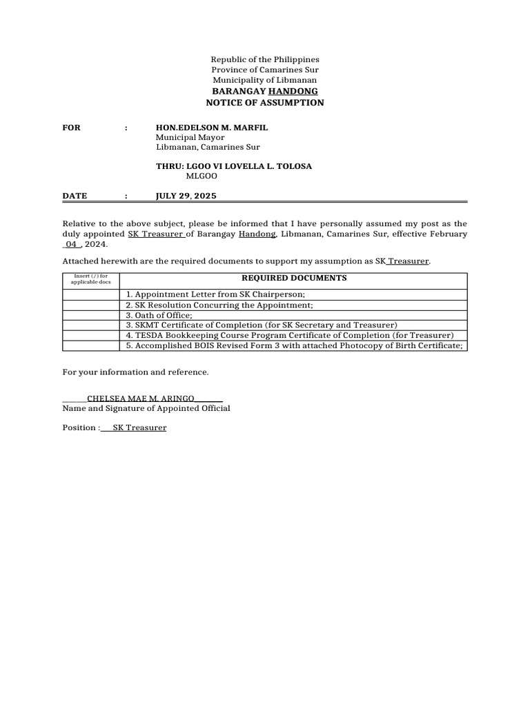 Notice of SK Treasurer Assumption | PDF | Chess Theory | Chess