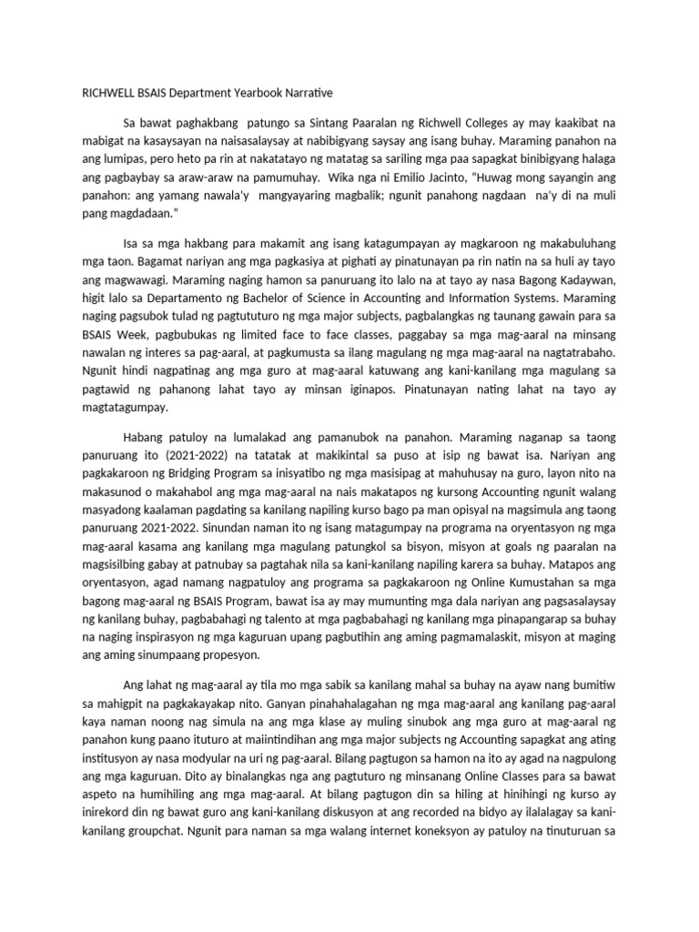 BSAIS Department Yearbook Narrative | PDF