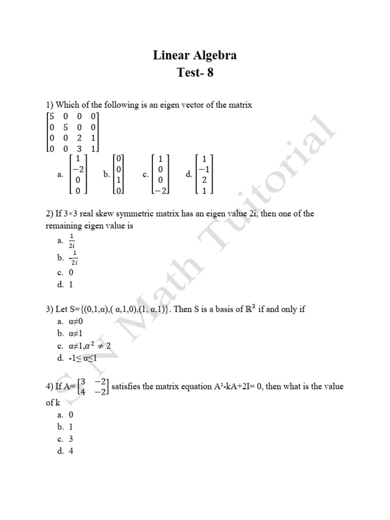 Linear Algebra, Test - 8 (WBSSC (SLST) ) | PDF | Eigenvalues And ...
